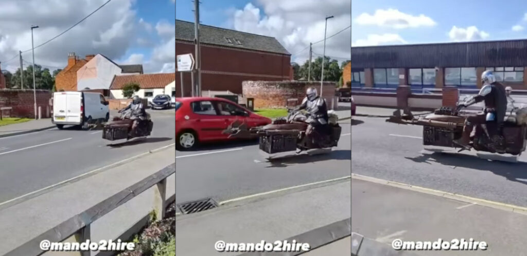 Real Life Mandalorian With Hovering Optical Illusion Speederbike ...